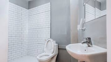 Um polibã, um chuveiro fixo, um secador de cabelo, chinelos