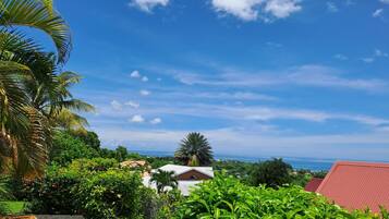 Um jardim exuberante com vista para o oceano, um edifício com telhado vermelho e um edifício branco com telhado vermelho.