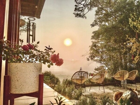Um pátio com cadeiras de vime, um vaso de plantas com flores e vista para o pôr do sol.