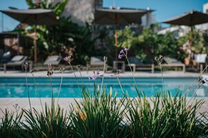 Piscina exterior sazonal, guarda-sóis, espreguiçadeiras 