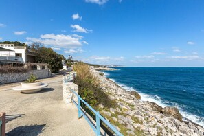 Um caminho à beira-mar com guarda de pedra, um vaso de planta e vista para o mar.