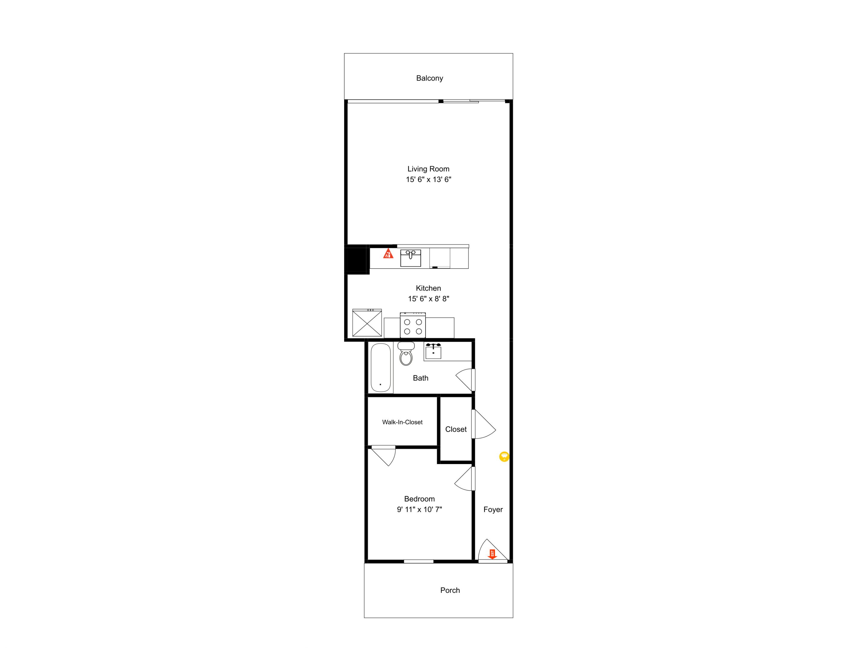 Planta baixa mostrando uma varanda, sala de estar, cozinha, banheiro, closet espaçoso, armário, quarto, hall de entrada e varanda.