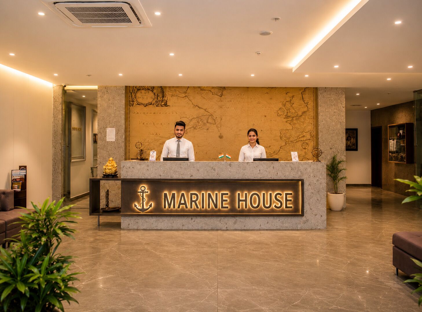 Balcão de recepção com dois funcionários, parede de mármore com um mapa e um letreiro indicando 'MARINE HOUSE'.
