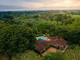 Vista aérea de uma casa com piscina, cercada por vegetação densa.