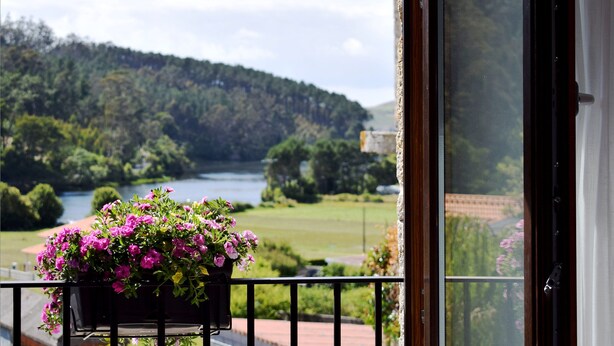 Varanda com um vaso de flores e vista para um lago e floresta.
