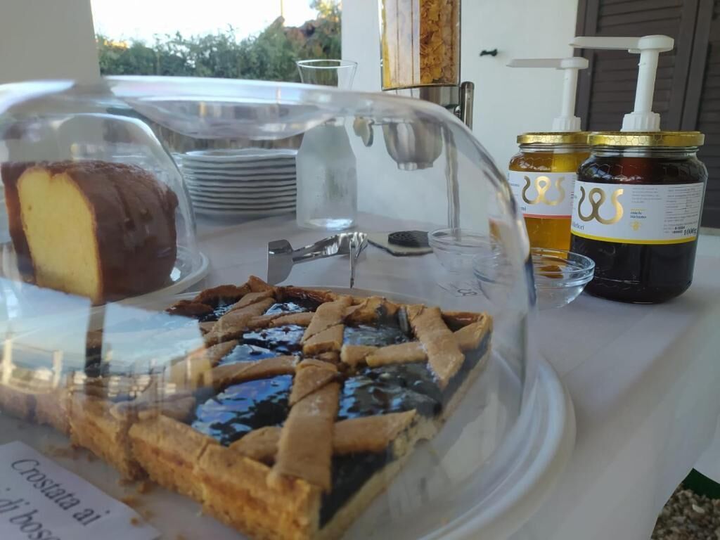 Uma torta com crosta treliçada, um pote de mel e um regador de mel sobre uma mesa.