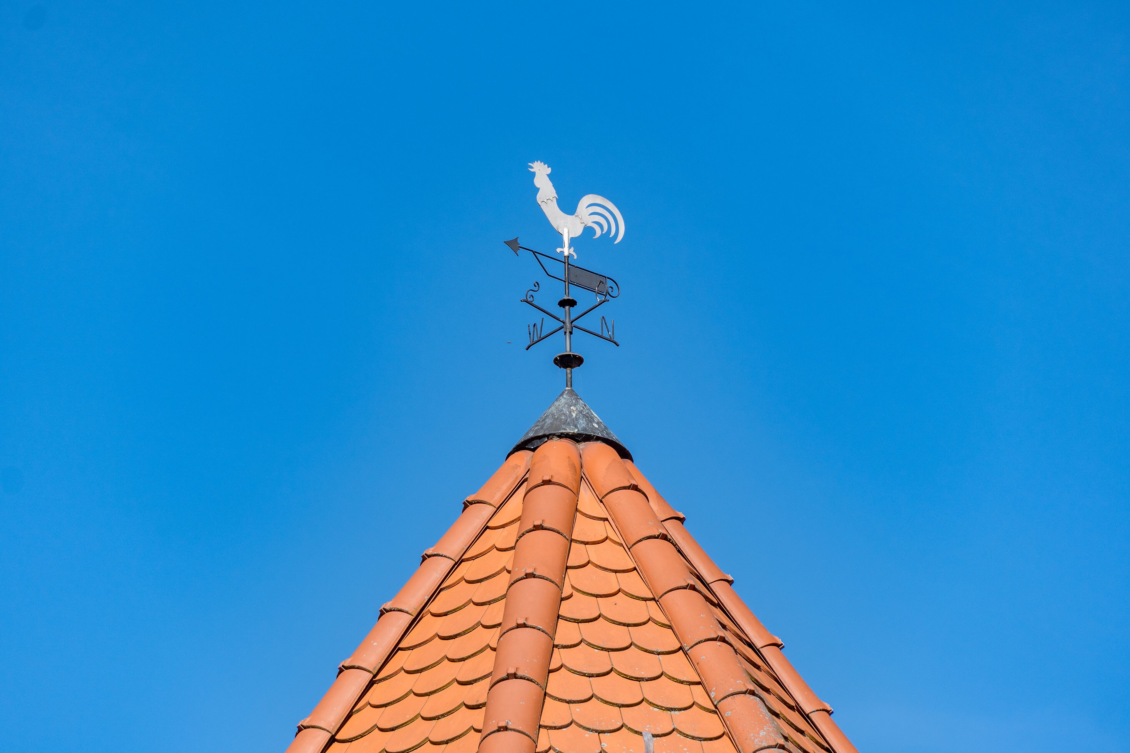 Um indicador de vento com design de galo no telhado de um edifício.