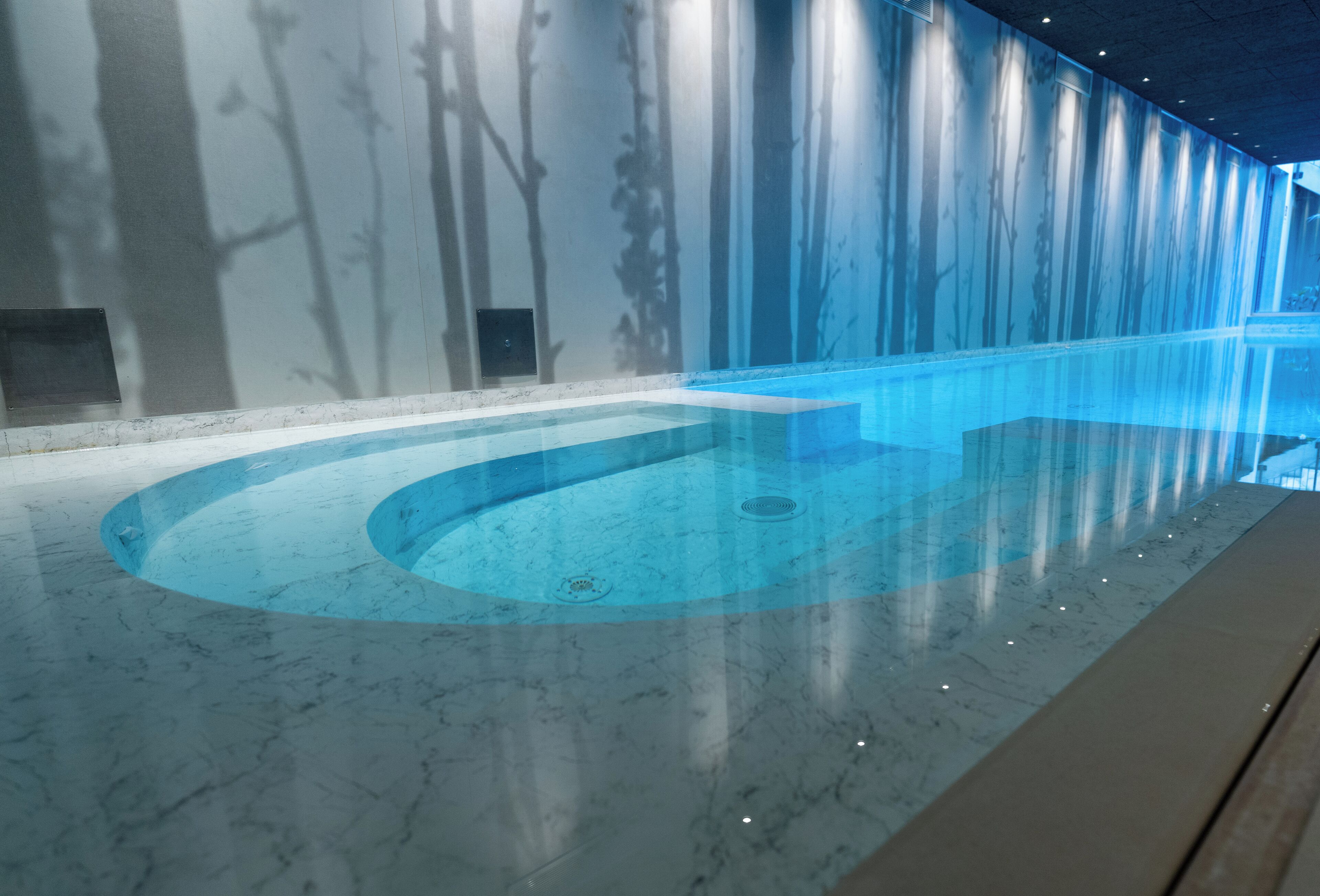 Piscina interior moderna com piso e paredes de mármore, destacando silhuetas de árvores.