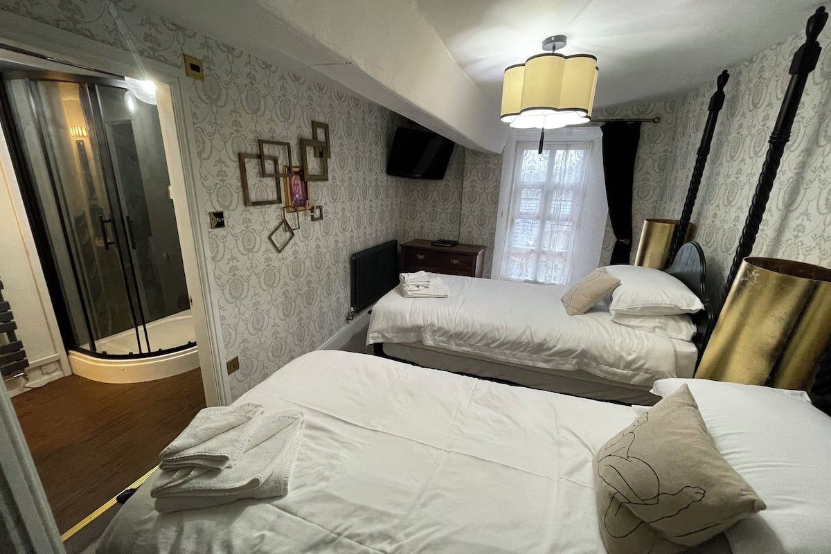 Quarto de hotel com duas camas, chuveiro, televisão e lustre.