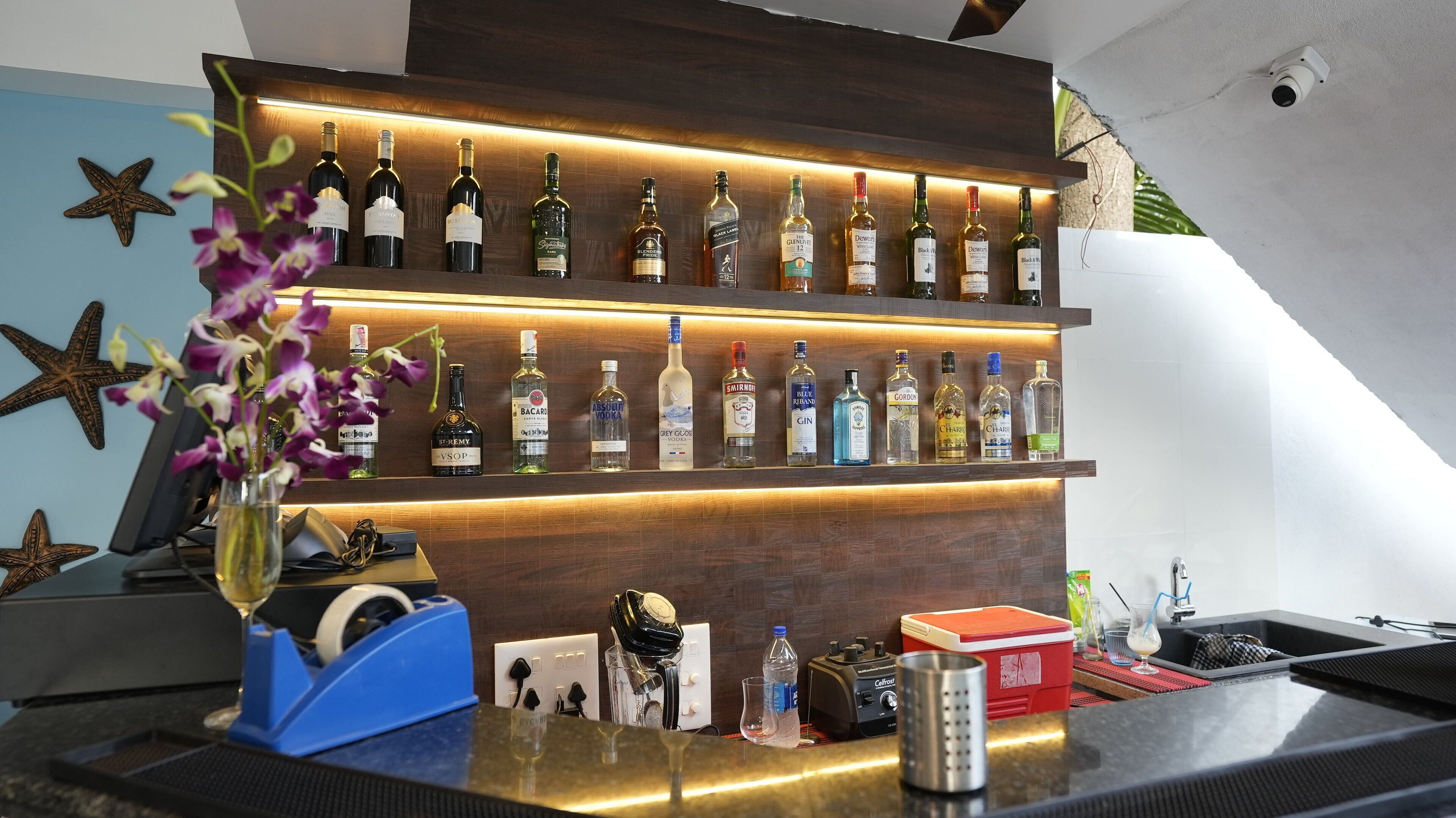 Uma área de bar com prateleiras de diversas garrafas de bebidas, um caixa registradora e um arranjo decorativo com estrela-do-mar e orquídeas.