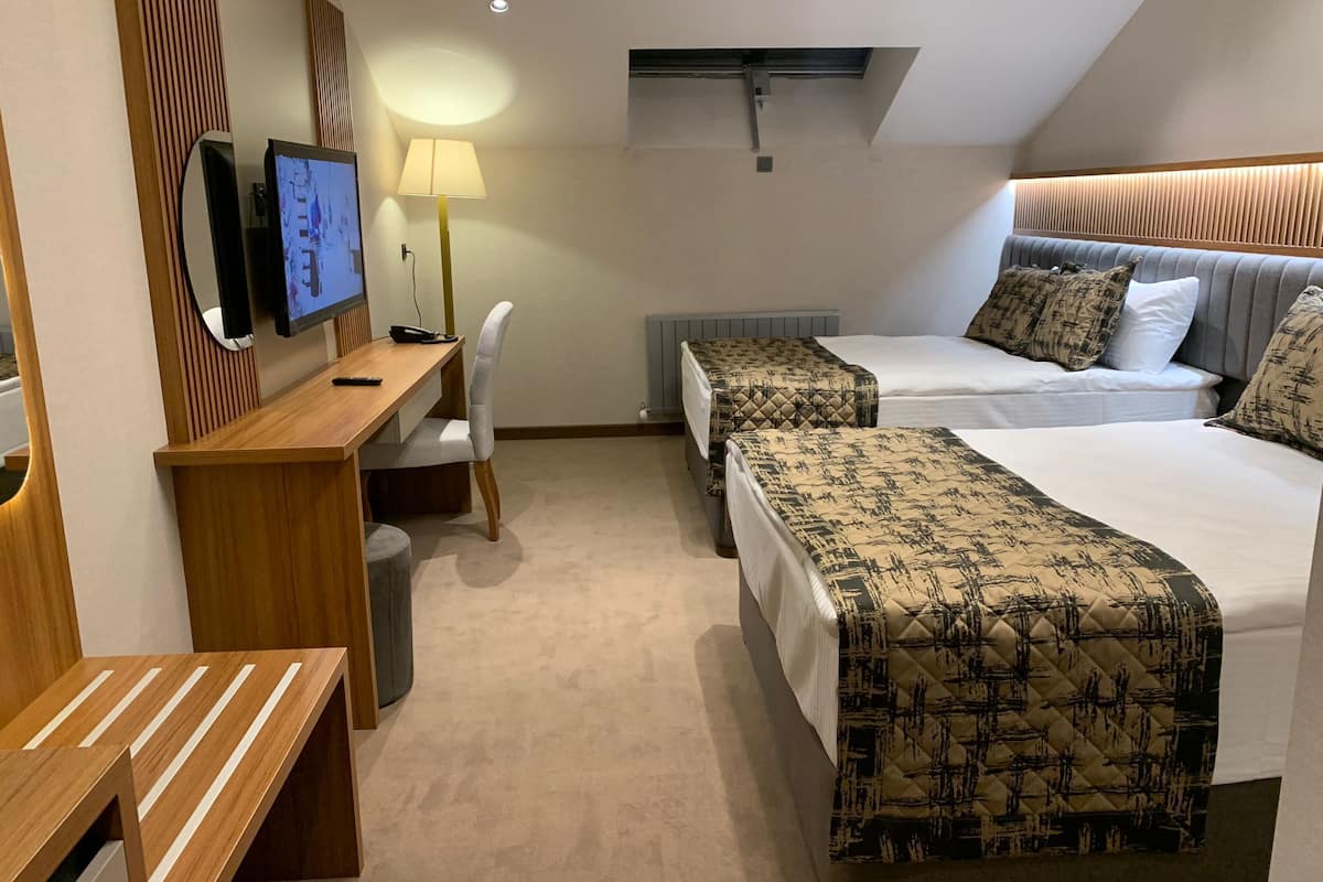 Quarto de hotel com duas camas, uma mesa, uma cadeira, uma televisão e um abajur.