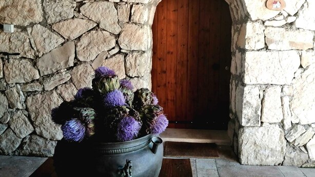 Pared de pedra com porta de madeira e um vaso de flores roxas.