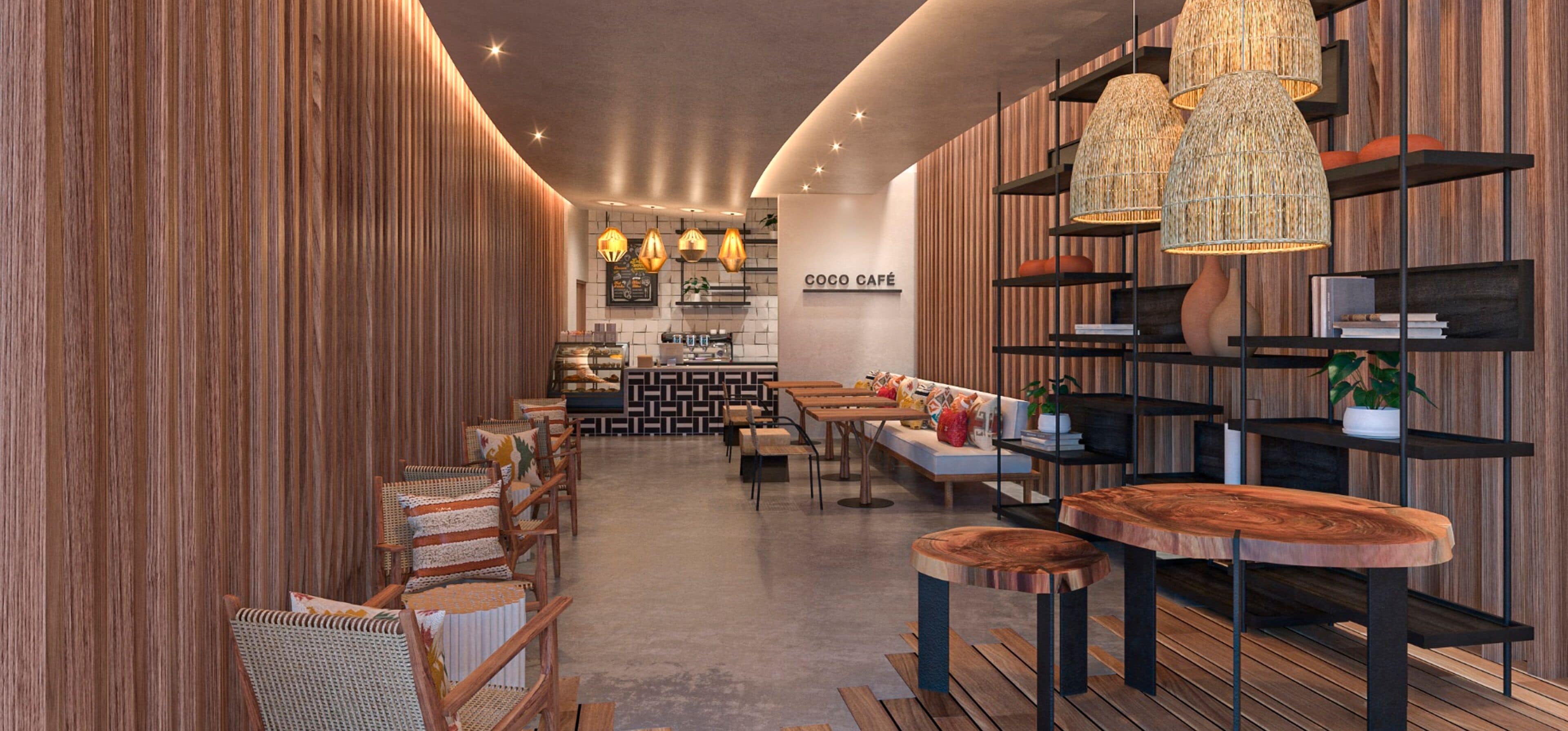 Interior de café moderno com detalhes em madeira, uma área de estar central e luminárias de vime pendentes.