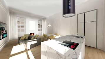 Apartamento família | Cozinha privada | Geladeira grande, micro-ondas, fogão, cooktop
