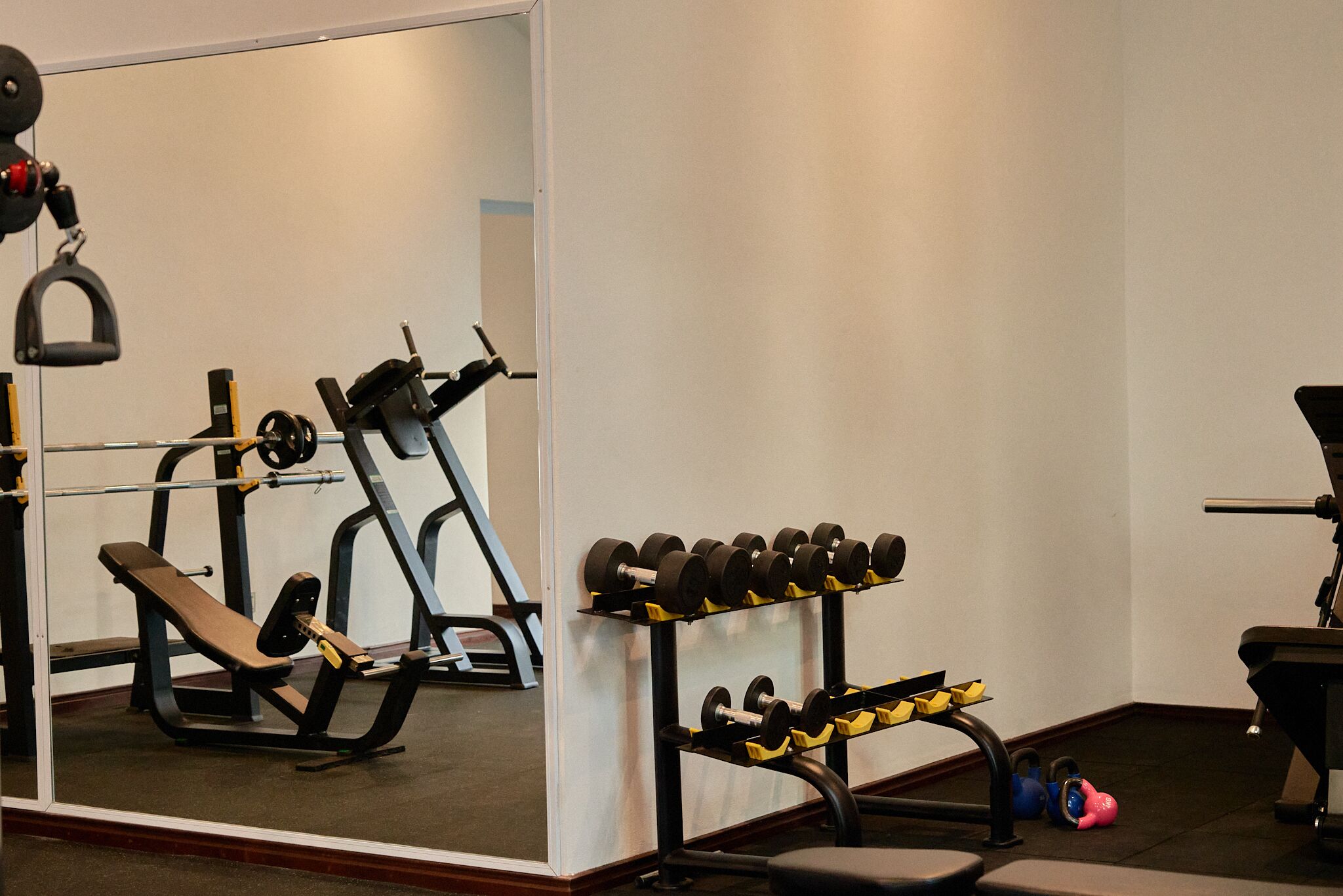 Uma academia com equipamentos de musculação, um banco e uma estante com halteres.