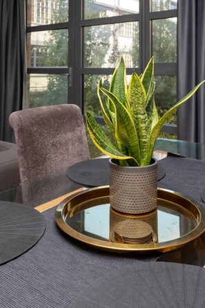 Uma mesa de jantar moderna com tampo de vidro e bandeja metálica, uma planta em vaso com folhas variegadas e uma cadeira estofada em cinza escuro.