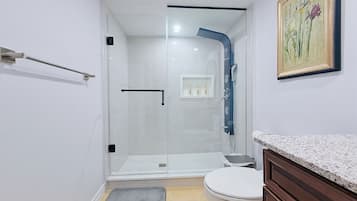 Chuveiro, secador de cabelo, toalhas de banho, sabonete