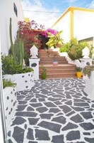 Pátio com piso de pedra, plantas em vasos e escadaria que leva a uma porta.