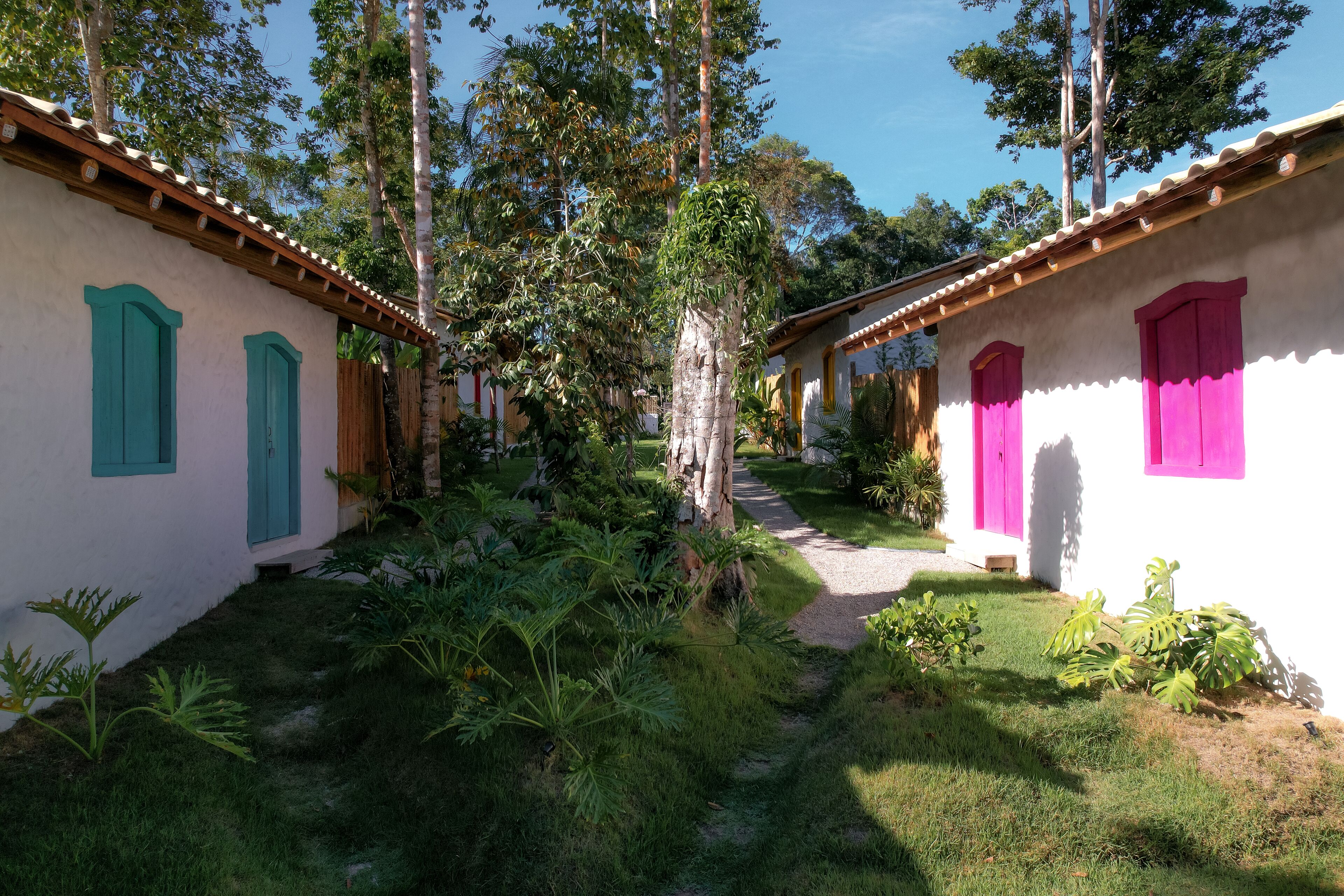 Um pátio com paredes brancas e persianas coloridas, cercado por vegetação exuberante e árvores.