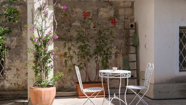 Um pátio com mesa, duas cadeiras, um vaso de planta e uma parede coberta por plantas trepadeiras.