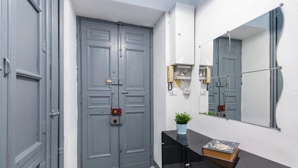Um corredor com portas duplas cinzentas, uma mesa consola preta com um livro e uma planta, e um espelho fixado na parede.
