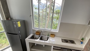Cozinha com geladeira, pia dupla e janela com vista para o verde.