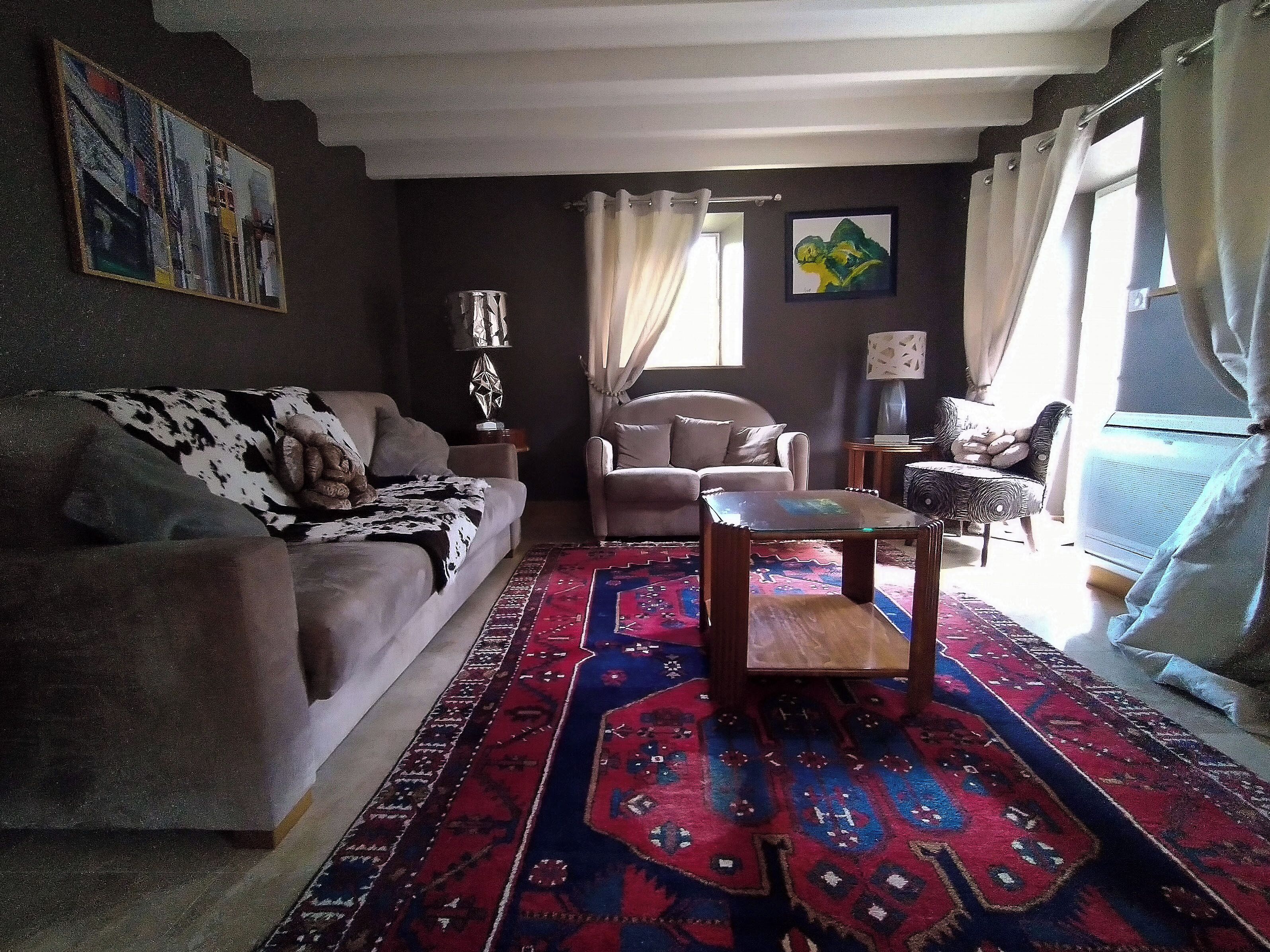Uma sala de estar com sofá, poltrona, mesa de centro e tapete estampado.