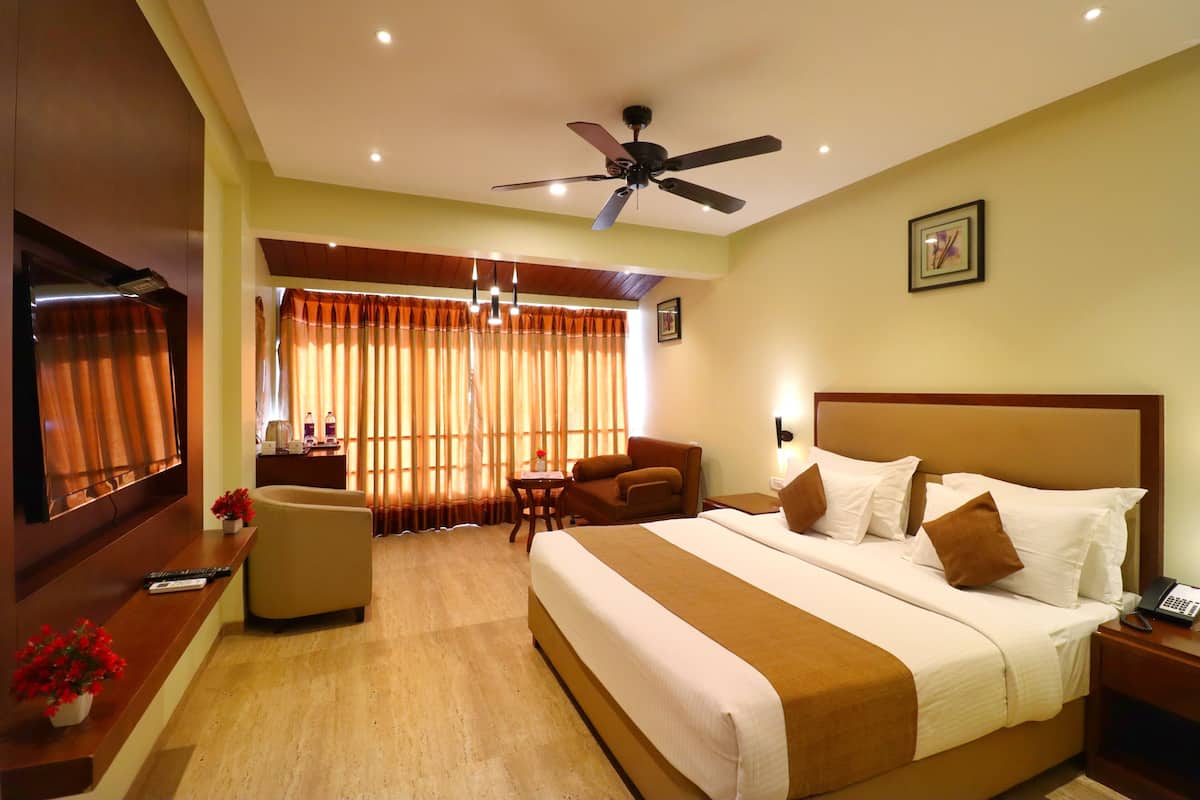 Quarto de hotel com uma cama grande, uma escrivaninha, uma cadeira, uma televisão e um ventilador de teto.