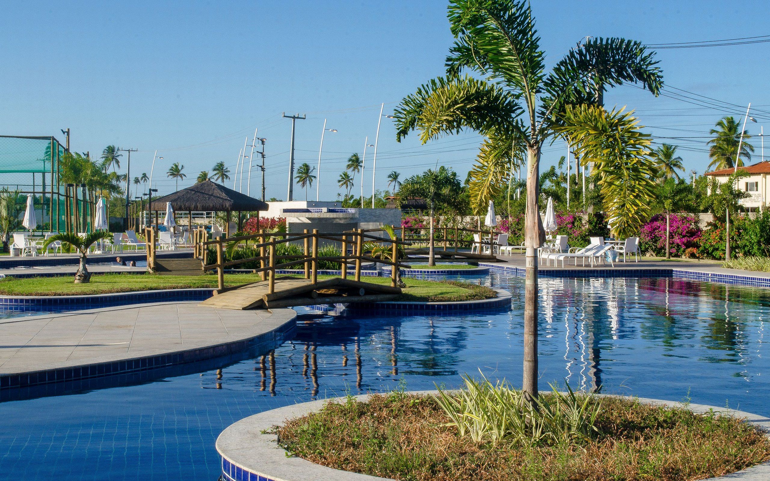 Piscina com uma ponte de madeira, palmeiras e cadeiras de descanso.