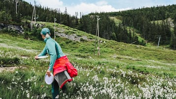Uma pessoa com casaco e boné verdes segura um frisbee num campo gramado com flores brancas e montanhas ao fundo.