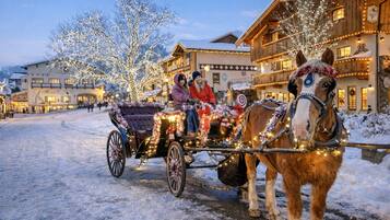 Uma carruagem puxada por cavalos com passageiros, cercada por neve e edifícios iluminados.