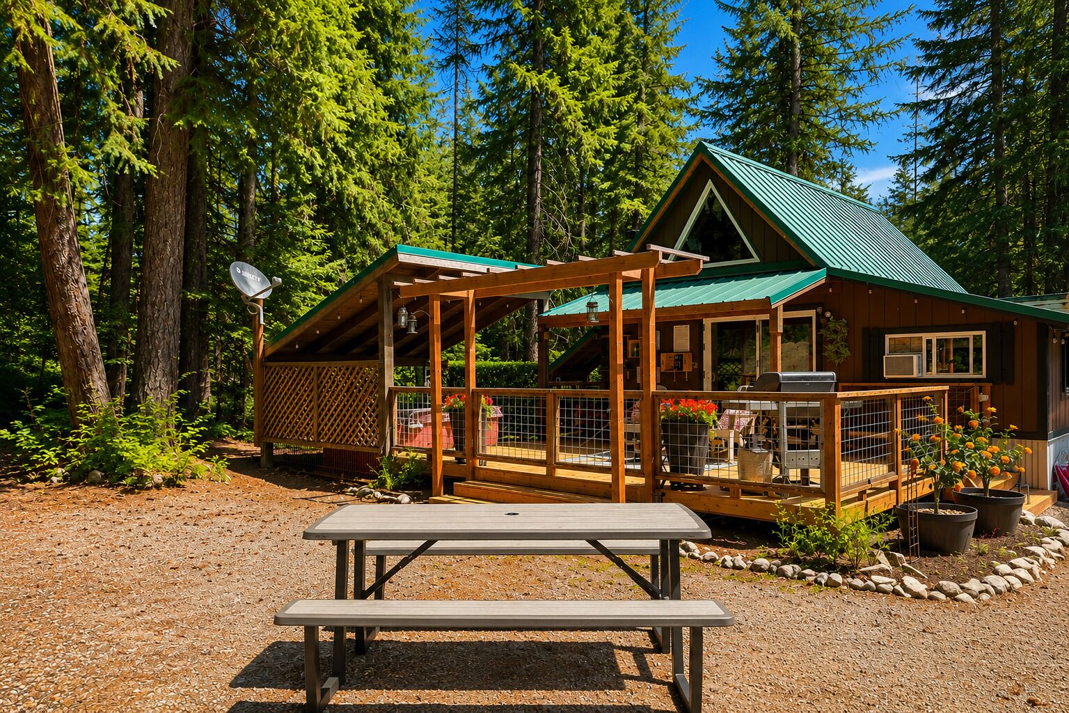 Uma cabana com varanda coberta, mesa para piquenique e vista para a floresta.