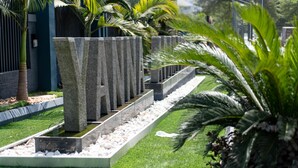 Um jardim ajardinado com vários vasos altos e texturizados e um pequeno espelho d'água.