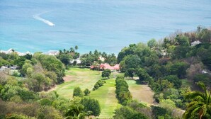 Um campo de golfe com vista para o oceano e vegetação ao redor.