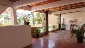 Um espaço amplo e interno, com piso de azulejos, plantas em vasos e uma varanda com vista para o verde.