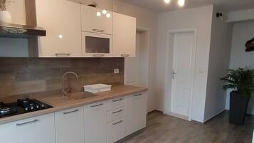 Um frigorífico, uma placa de cozinha