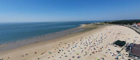 Uma praia extensa com vários guarda-sóis e pessoas.