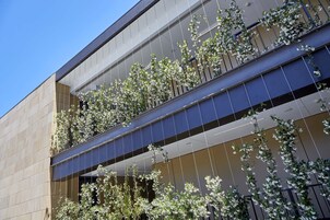 Fachada moderna de edifício com uma série de varandas decoradas com plantas floridas.