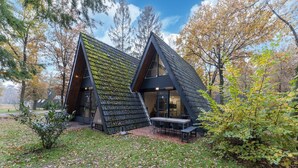 Uma casa moderna com telhado inclinado, uma pequena área de estar ao ar livre e uma porta com a inscrição 'Entrance'.