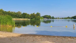 Um lago tranquilo com margem arenosa, rodeado por vegetação densa e árvores.