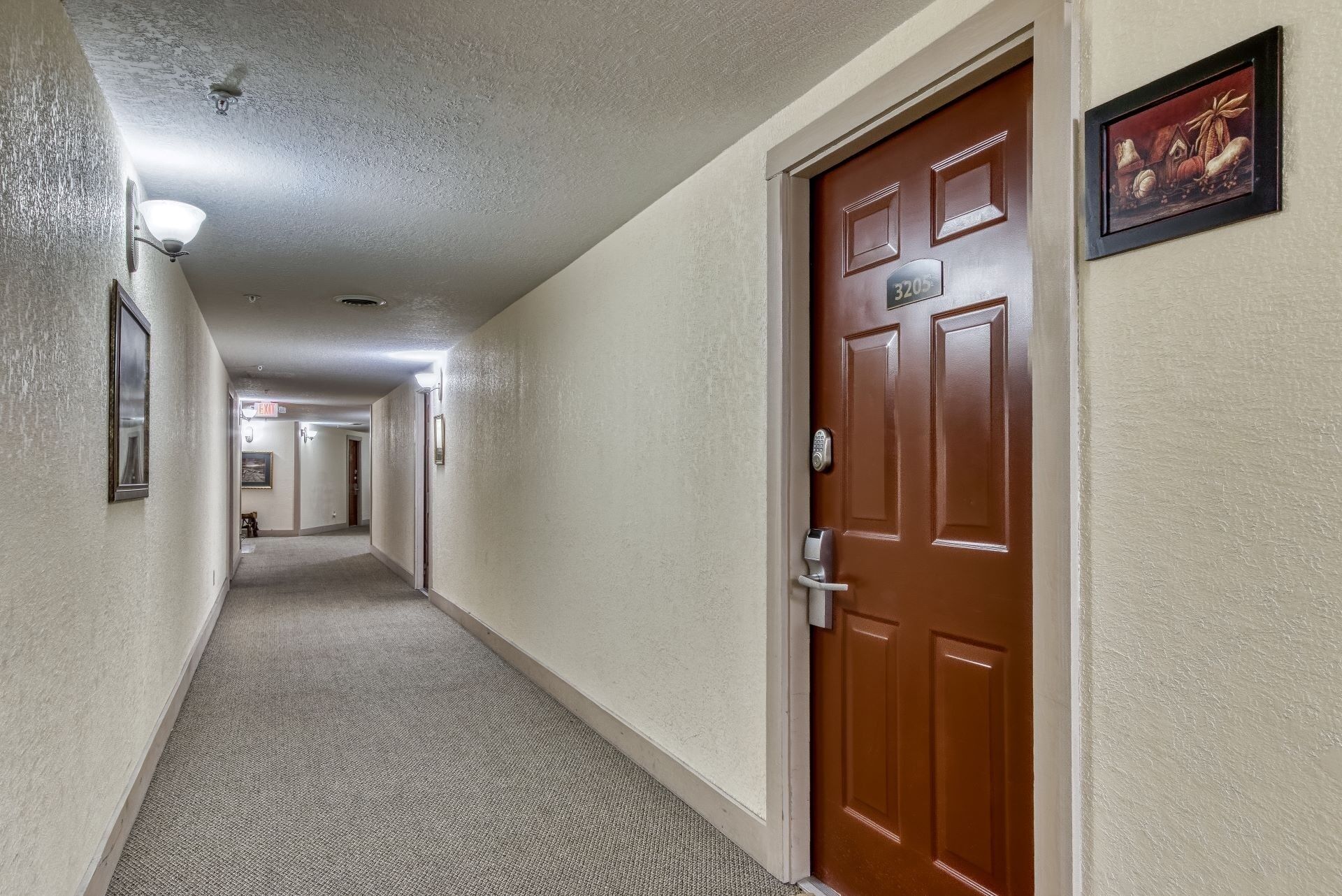 Um corredor com uma porta castanha, uma luminária e um quadro na parede.