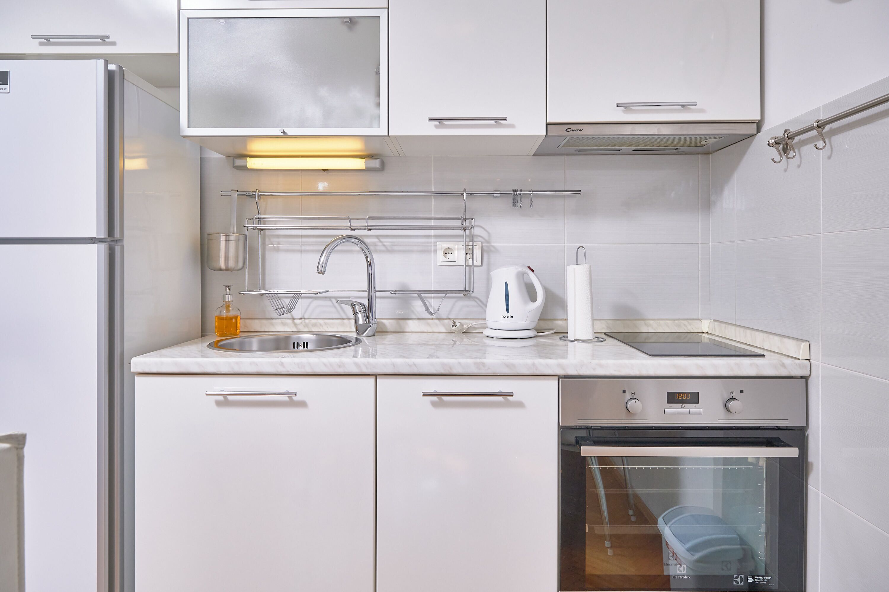 Apartamento | Cozinha privada | Um frigorífico/congelador grande, um forno, uma placa de cozinha 