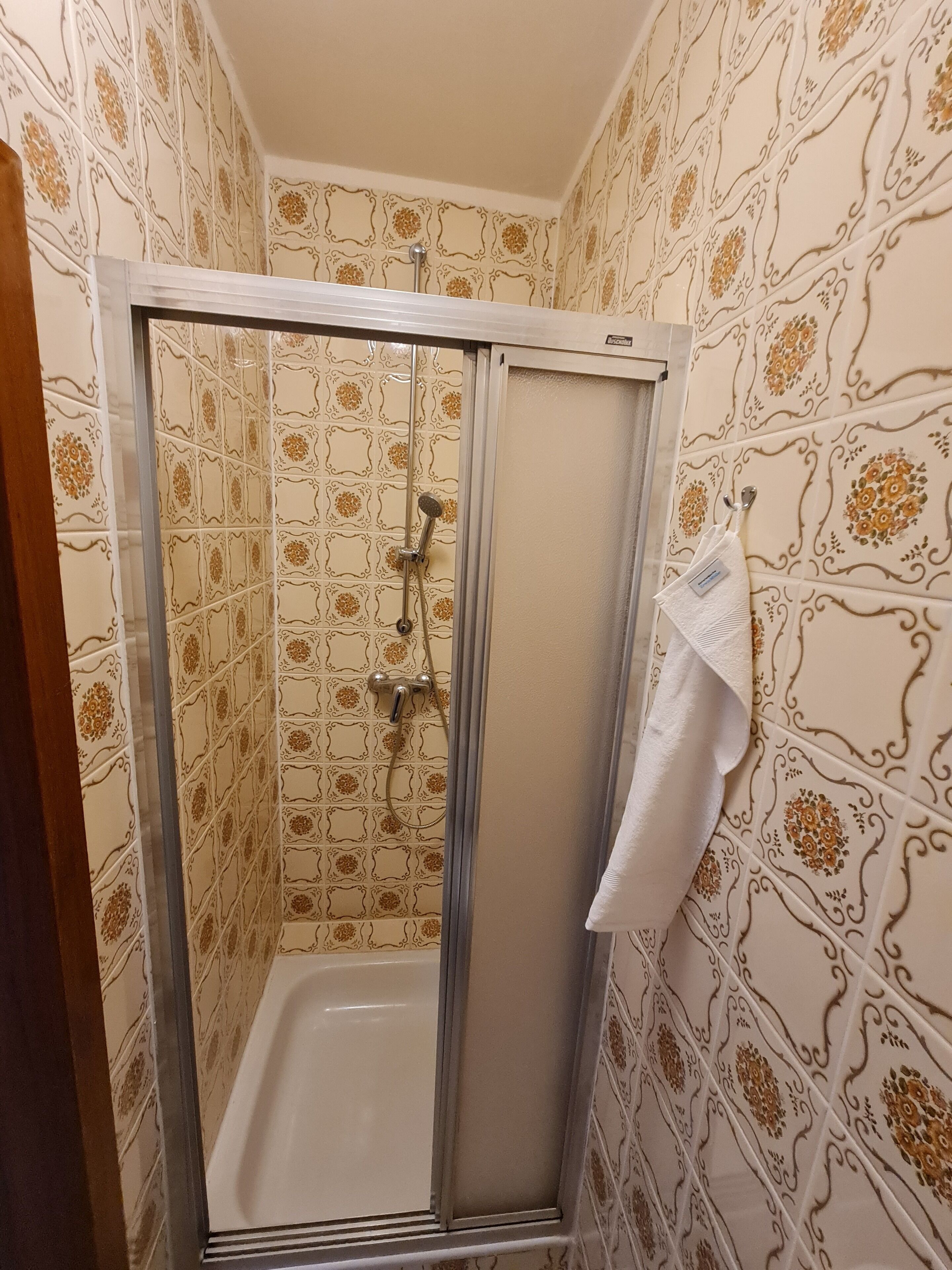Chuveiro com porta de vidro, uma toalha pendurada na parede e papel de parede estampado.