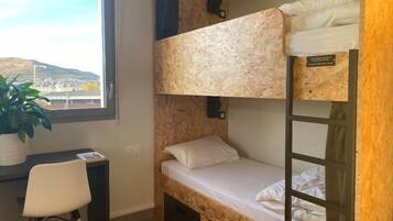 Quarto com beliche e vista para a cidade, uma escrivaninha com cadeira e um vaso de planta.