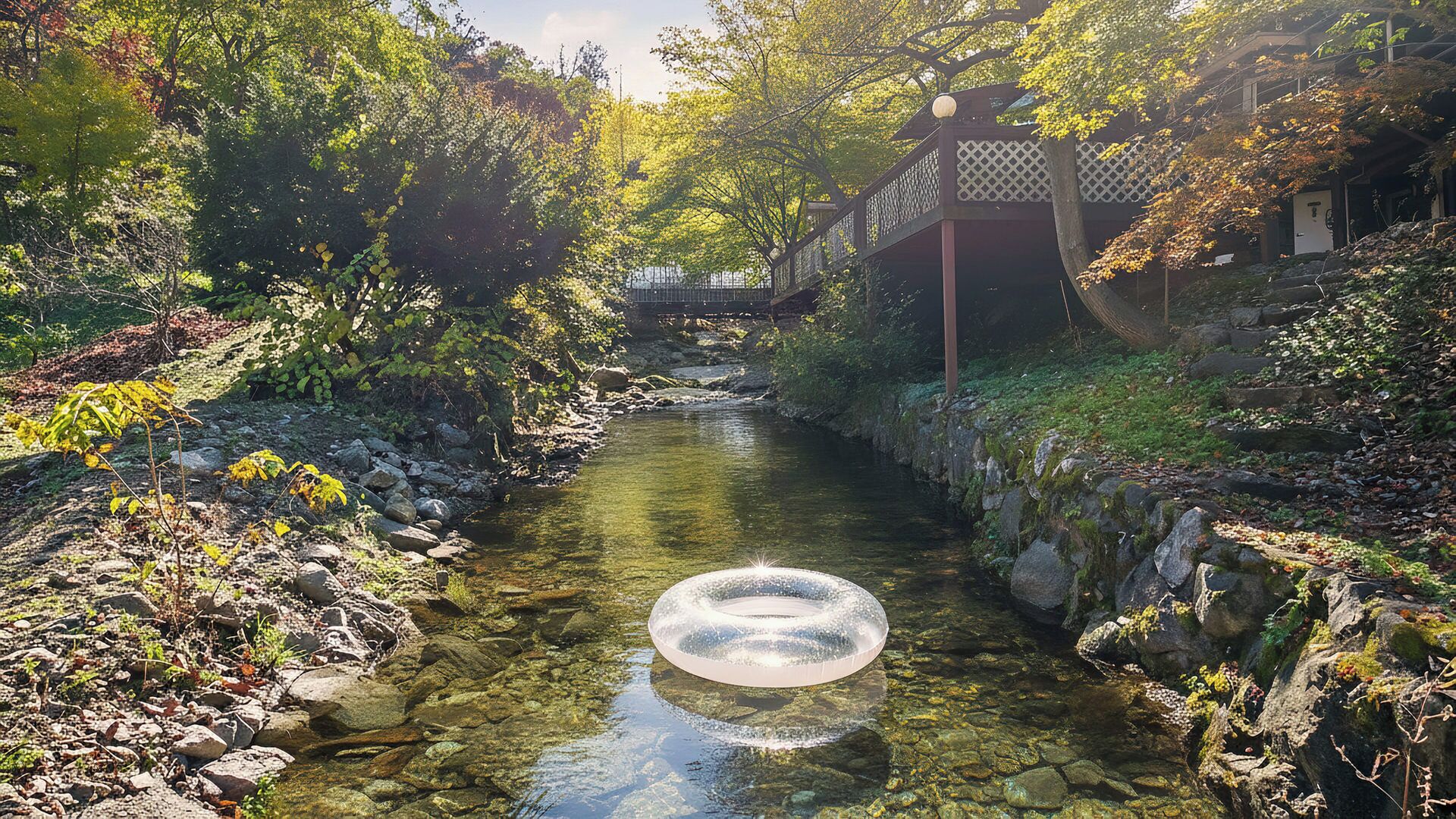 Um riacho límpido com pedras e vegetação nas margens, uma ponte de madeira ao fundo, e um objeto flutuando na água.