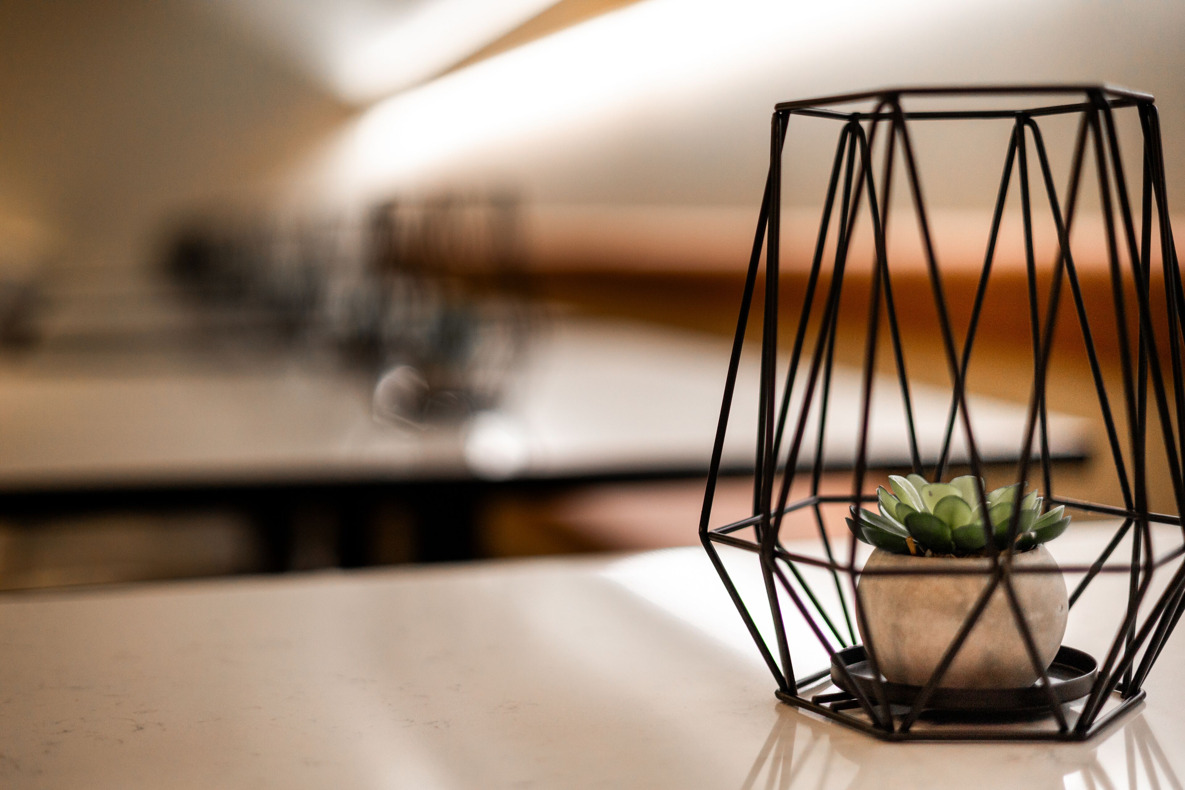 Estrutura metálica hexagonal com uma planta em vaso, colocada sobre uma mesa em um quarto com fundo desfocado.