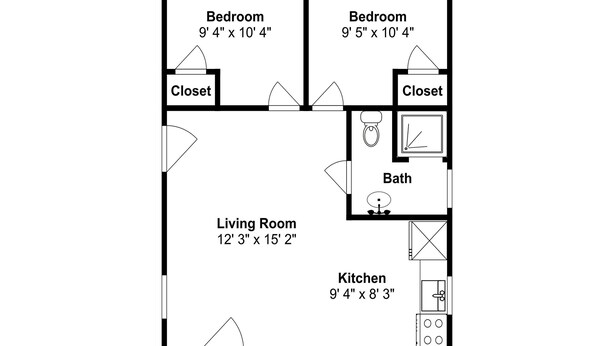 Planta baixa com dois quartos, uma sala de estar, uma cozinha e um banheiro.