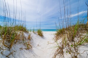 Uma trilha de areia e grama que leva ao oceano.