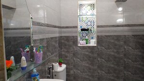 Casa de banho com uma prateleira de vidro com escovas de dentes, um frasco de sabonete Dove e uma planta em vaso.