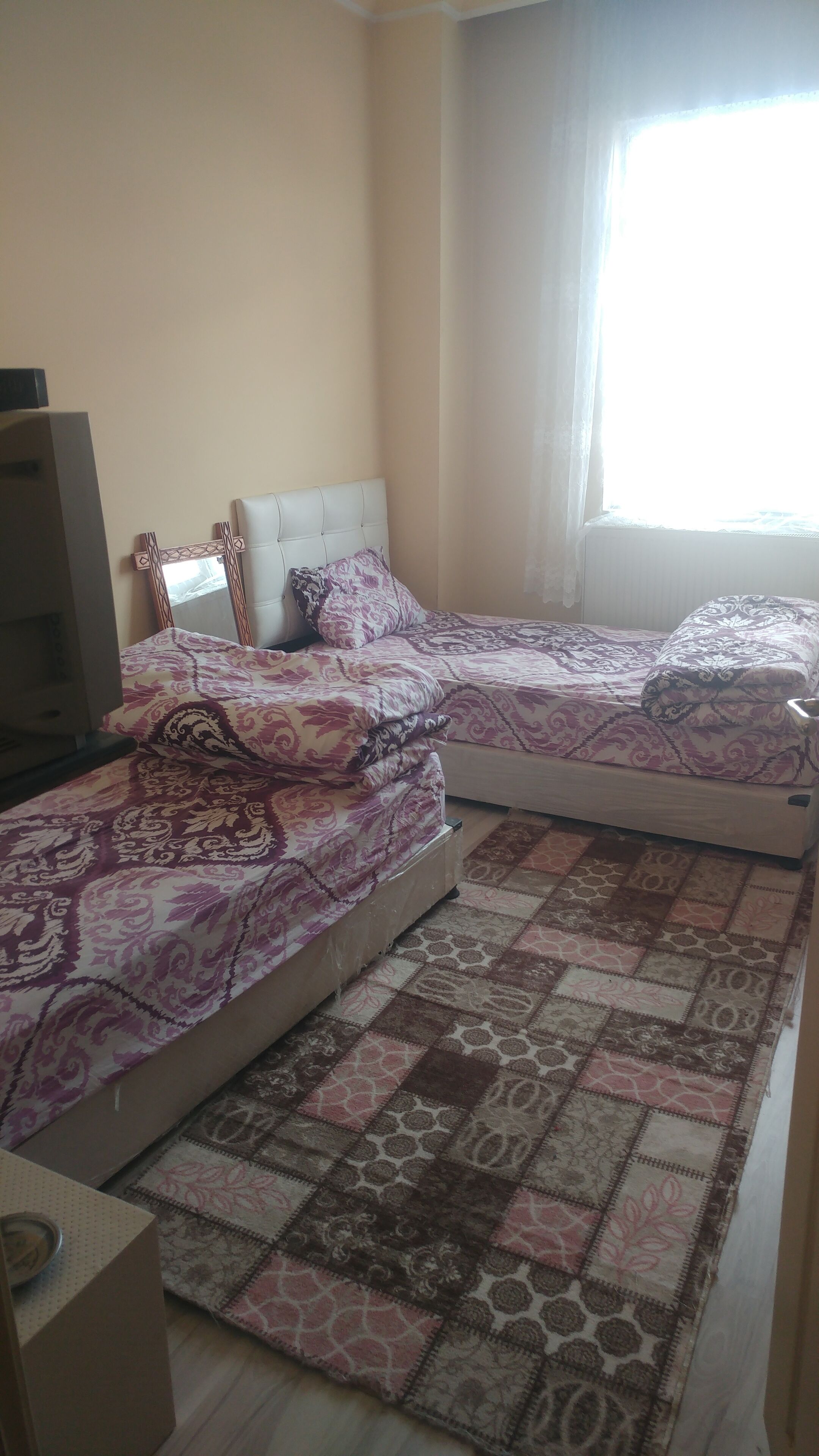 Quarto com duas camas, uma televisão e um tapete estampado.